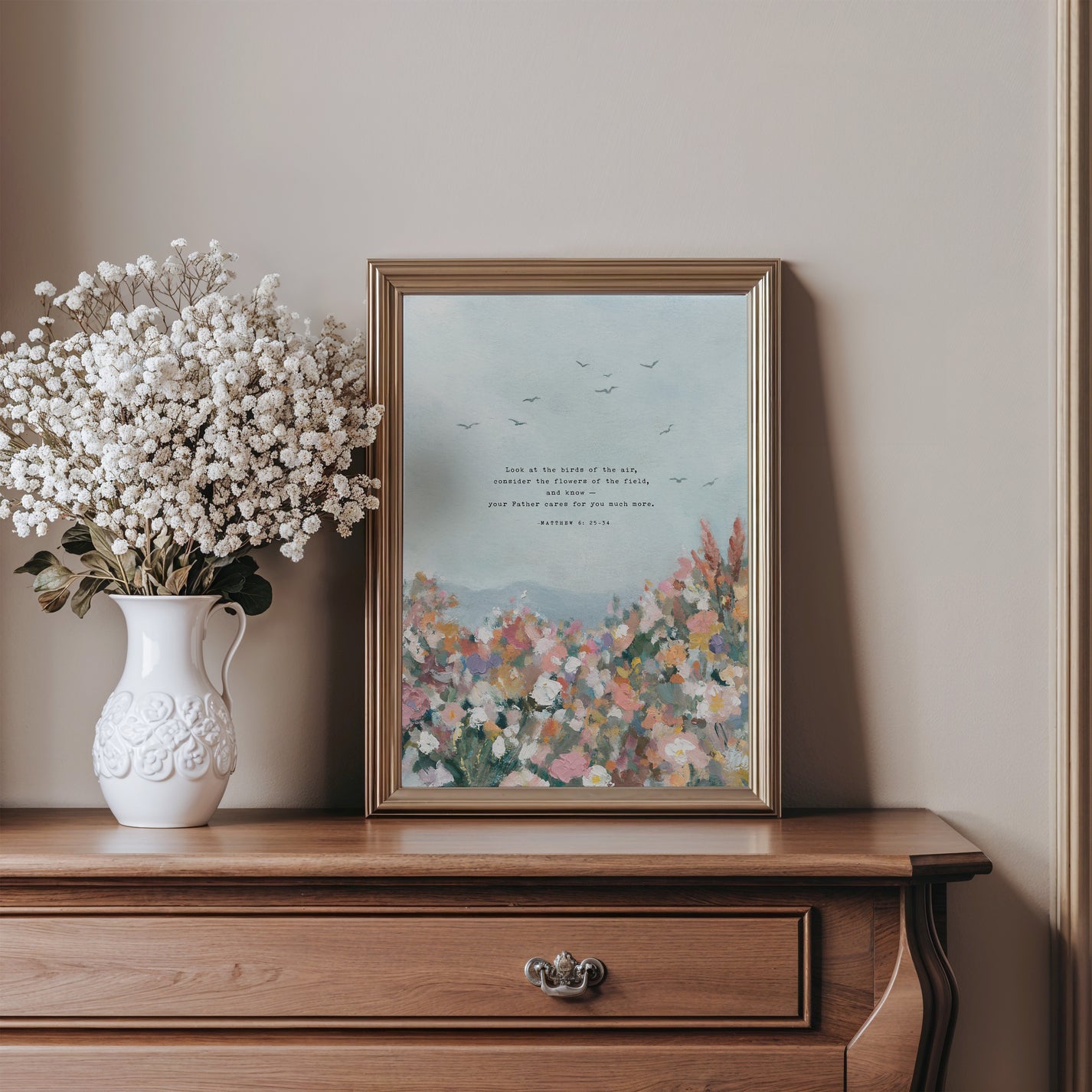 Matthew 6 Christian Wall Art — Birds & Florals Vintage Print – Made Seen